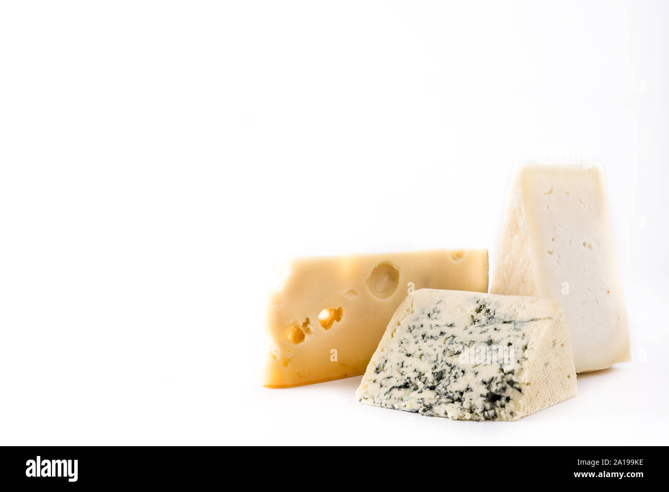 Different types of cheeses isolated on white background. Copy space ...