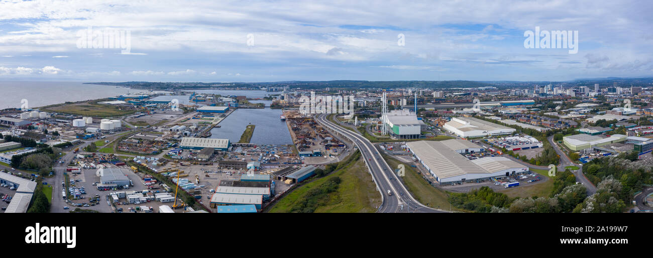 Aerial view of the industrial side of the Cardiff bay / docks, Wales UK ...