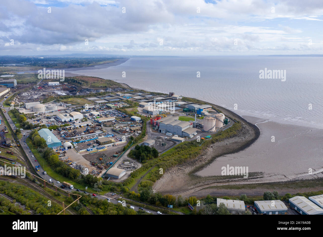Aerial view of the industrial side of the Cardiff bay / docks, Wales UK ...