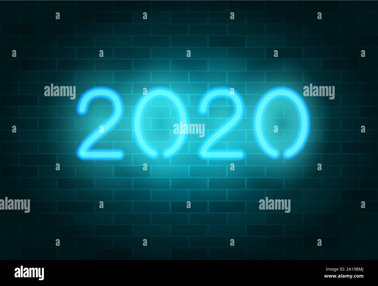 2020 vector neon sign. Blue realistic neon numbers on a brick wall ...