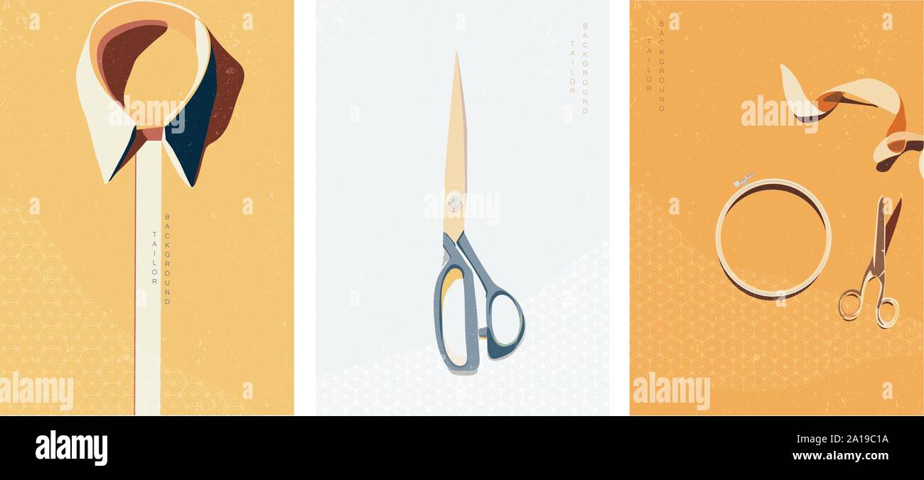 Tailor background with Japanese pattern vector. Shirt, scissor and ...