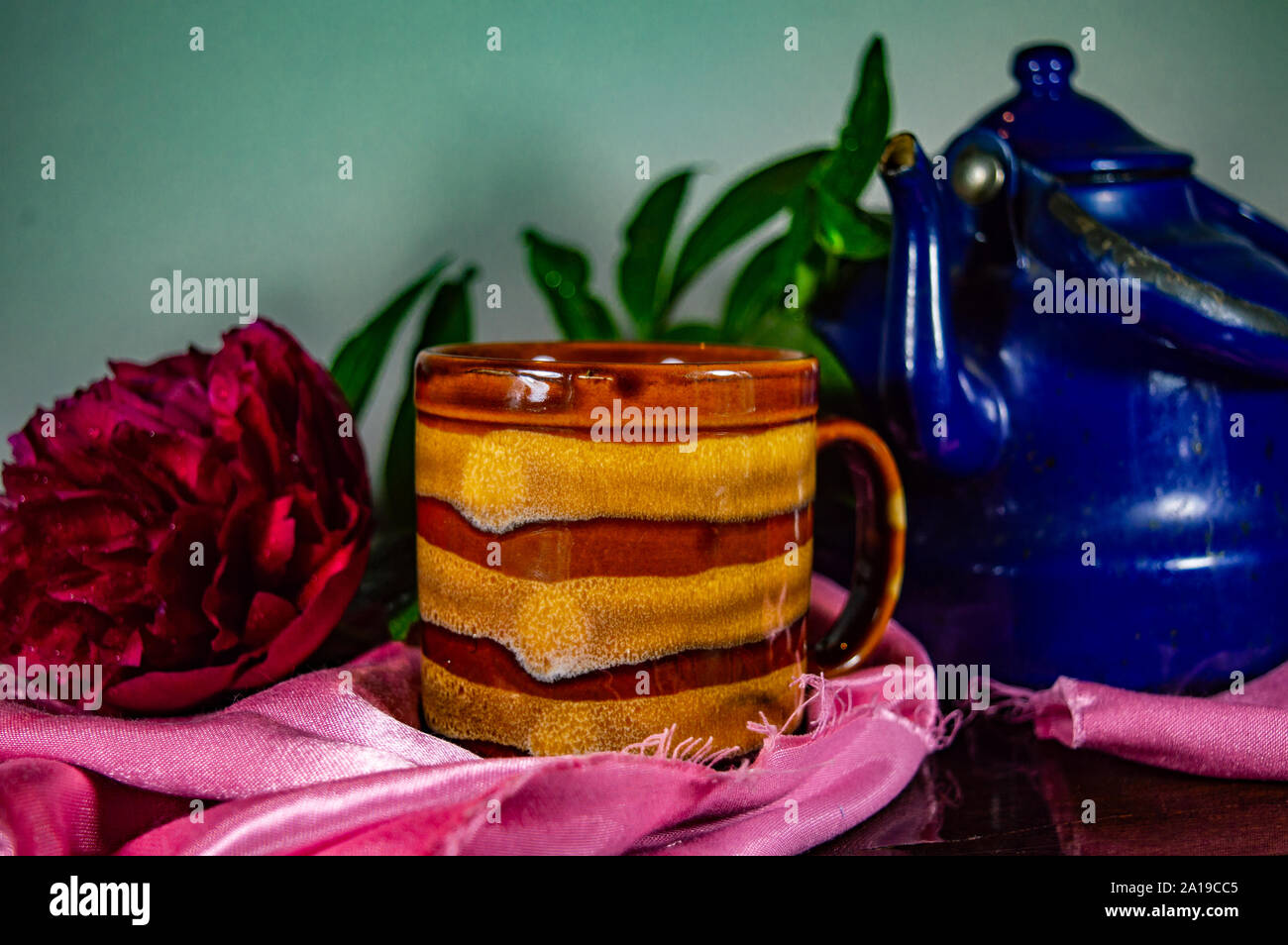 Breakfast decoration. Home made tea in a vintage teapot. Natural food ...