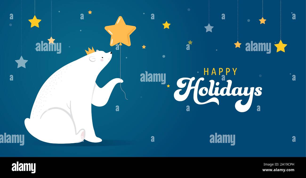 Merry Christmas Greeting Card Banner White Polar Bear Is Holding Gold