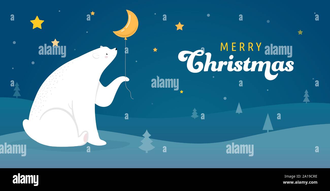 Merry Christmas Greeting Card Banner White Polar Bear Is Holding Gold