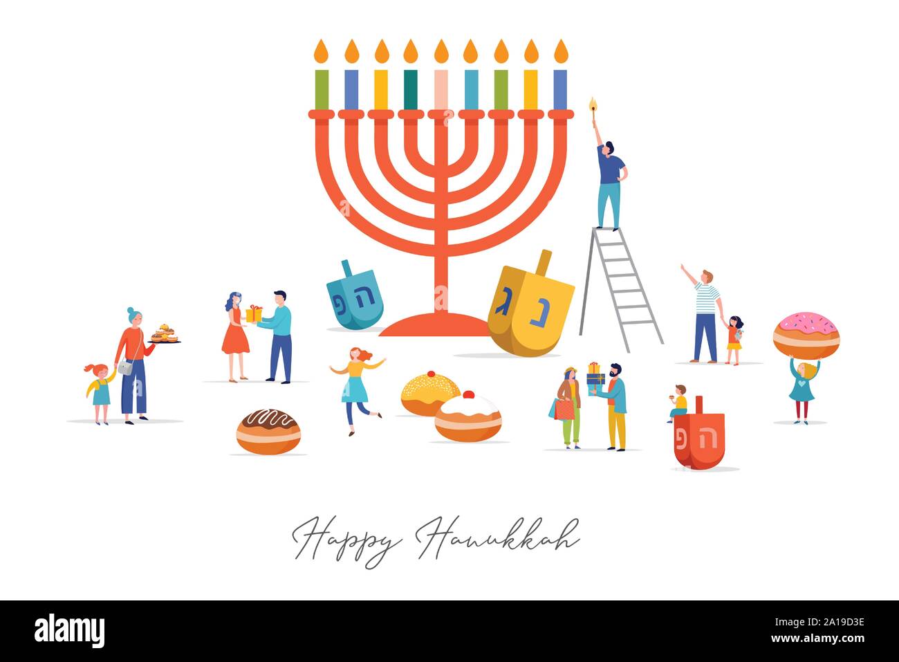 Happy Hanukkah, Jewish Festival of Lights scene with people, happy ...