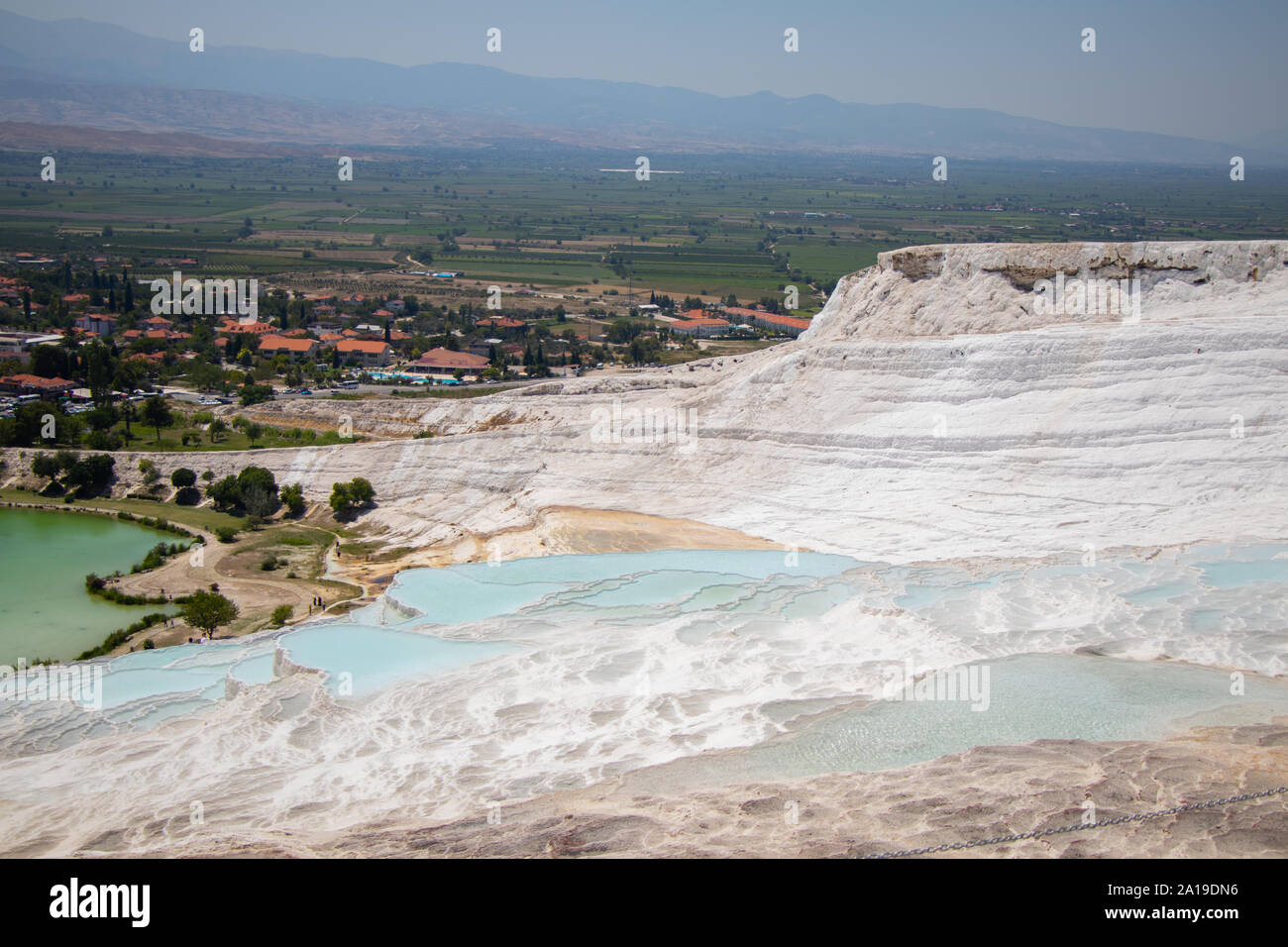 Natural ponds with teal water in the landmark Pamukkale in Turkey Stock ...