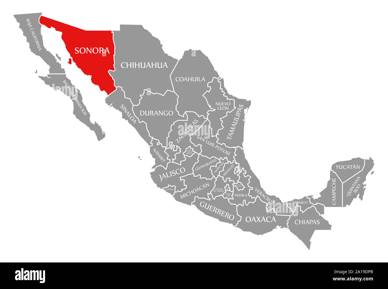 Sonora red highlighted in map of Mexico Stock Photo - Alamy