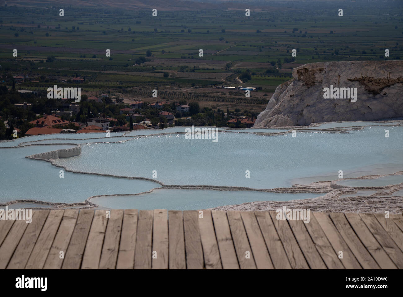 Natural ponds with teal water in the landmark Pamukkale in Turkey Stock ...