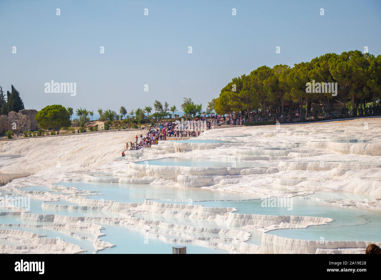 Natural ponds with teal water in the landmark Pamukkale in Turkey Stock ...