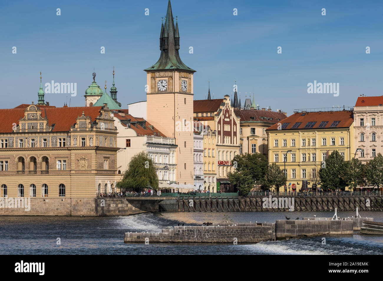 Prague Old Town waterfront architecture viewed across the Vltava river ...
