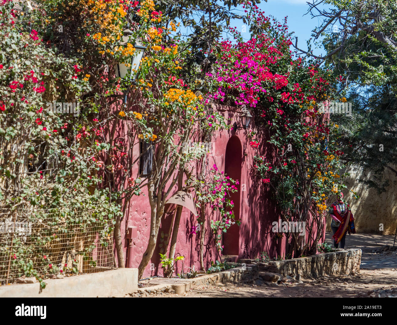 Goree, Senegal- February 2, 2019: Red house with plenty of colorful ...