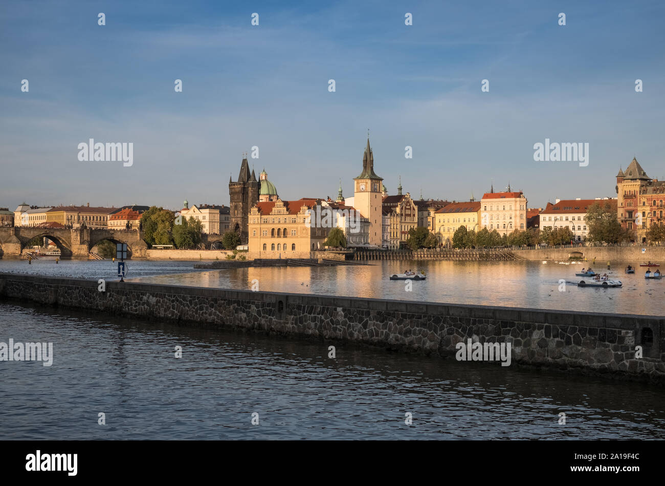 Prague Old Town waterfront architecture viewed across the Vltava river ...
