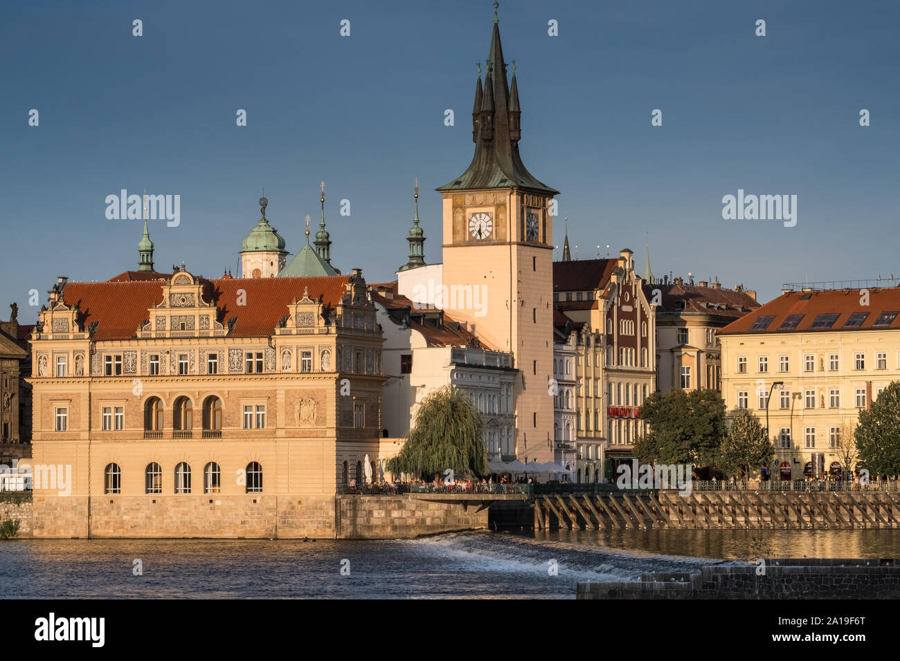 Prague Old Town waterfront architecture viewed across the Vltava river ...