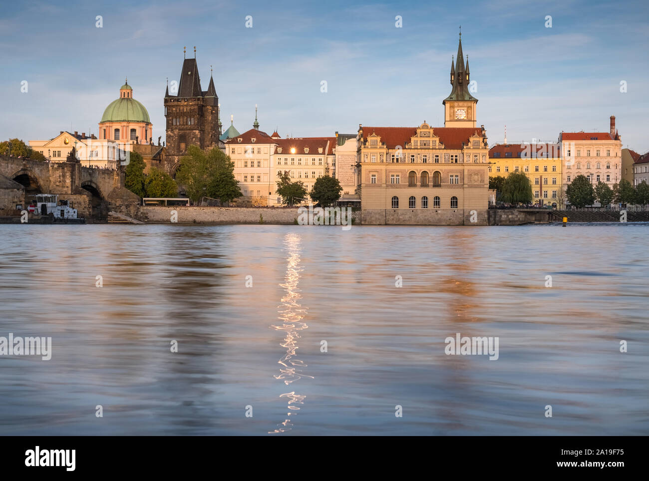 Prague Old Town waterfront architecture viewed across the Vltava river ...