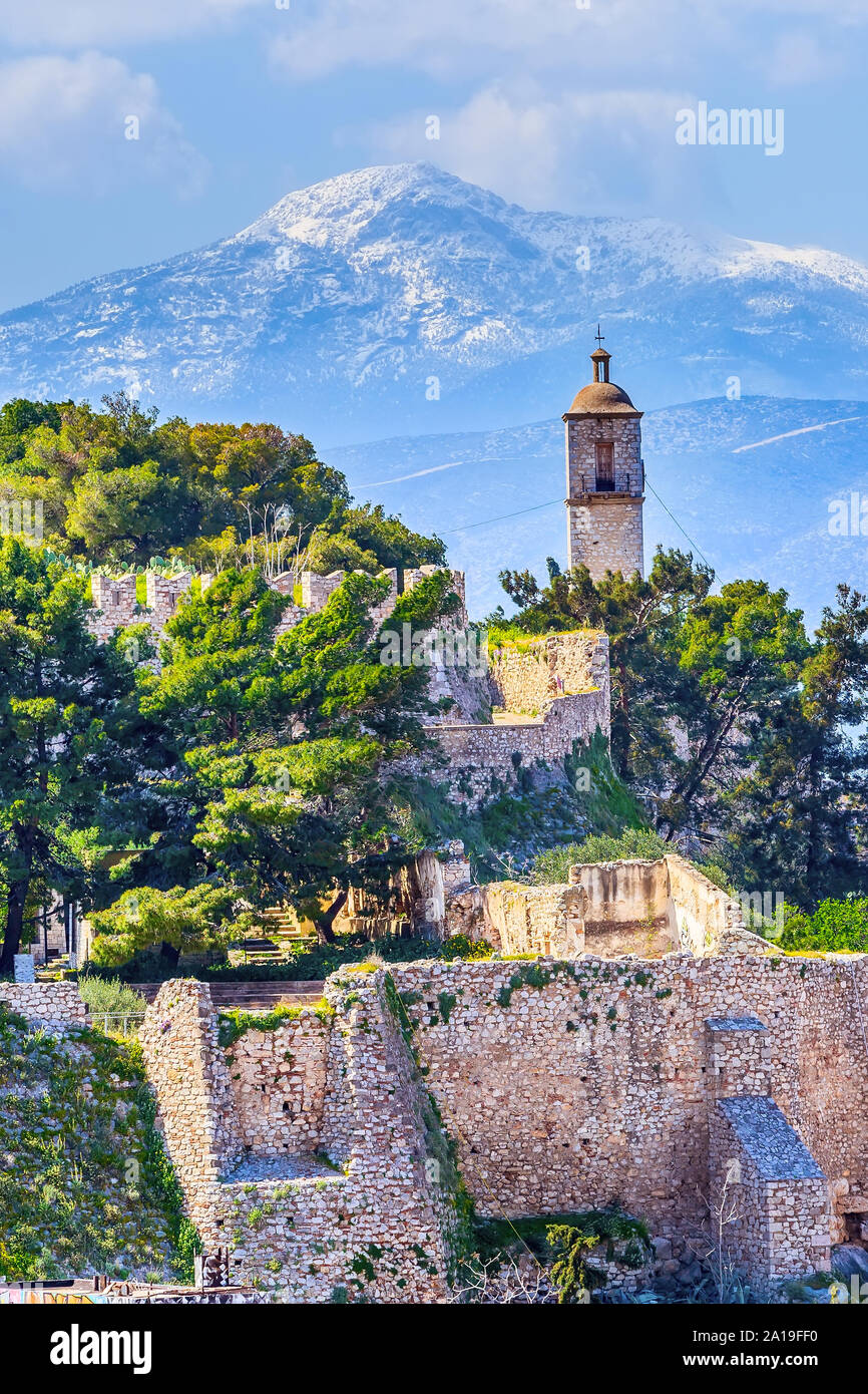 Nafplio or Nafplion, Greece, Peloponnese church in old town aerial ...