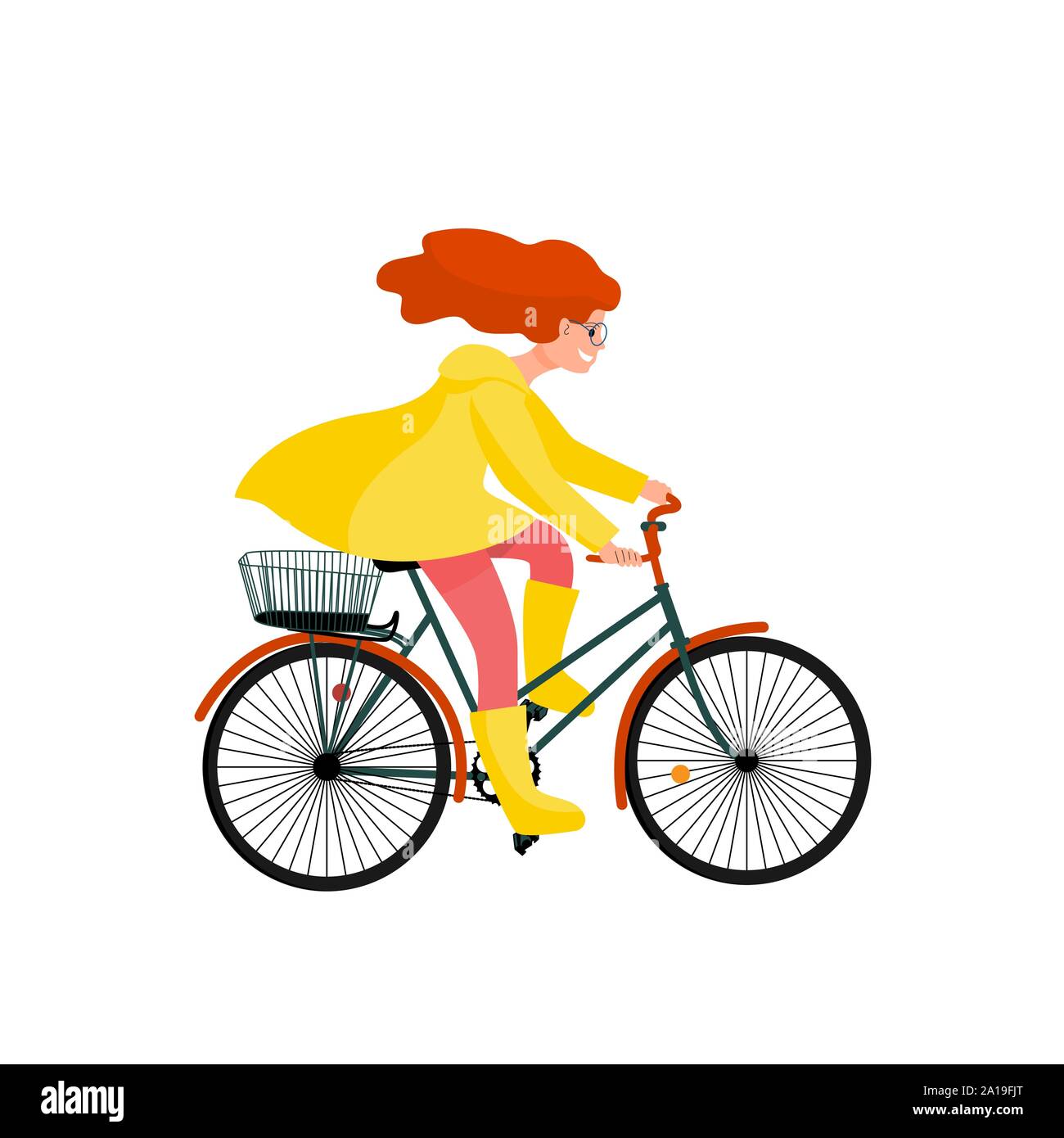 Beautiful girl in yellow raincoat rides bicycle, bike travel clip art ...