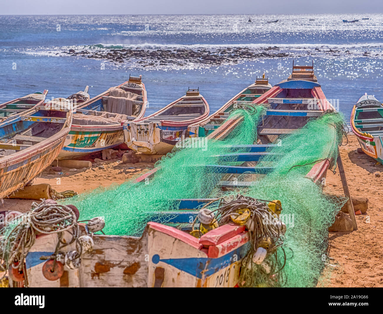 Dakar, Senegal - February 2, 2019: Colored, wooden, fisher boats on the ...