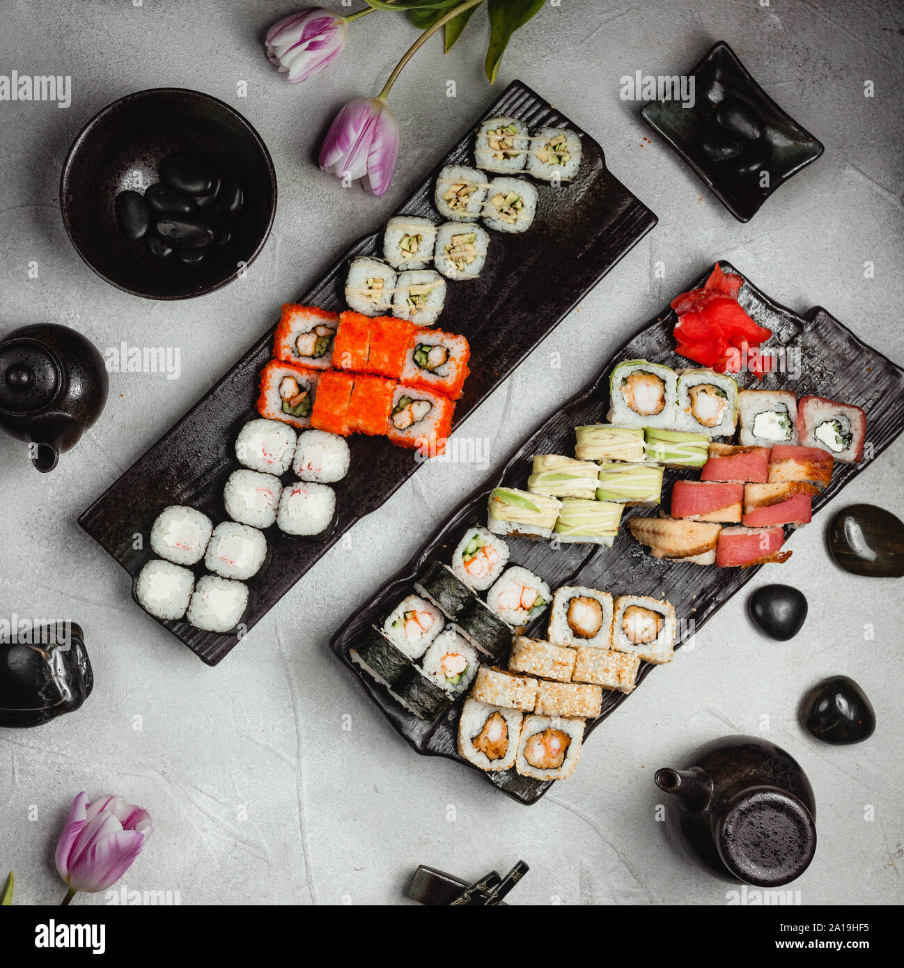 Sushi sets on table top view Stock Photo - Alamy