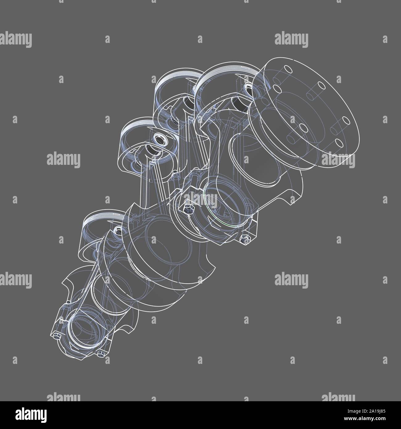 Engine pistons outline. 3D illustration. White lines and grey ...