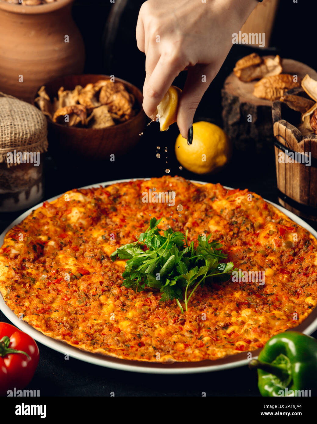 Turkish lahmajun with meat, herbs and lemon juice Stock Photo - Alamy