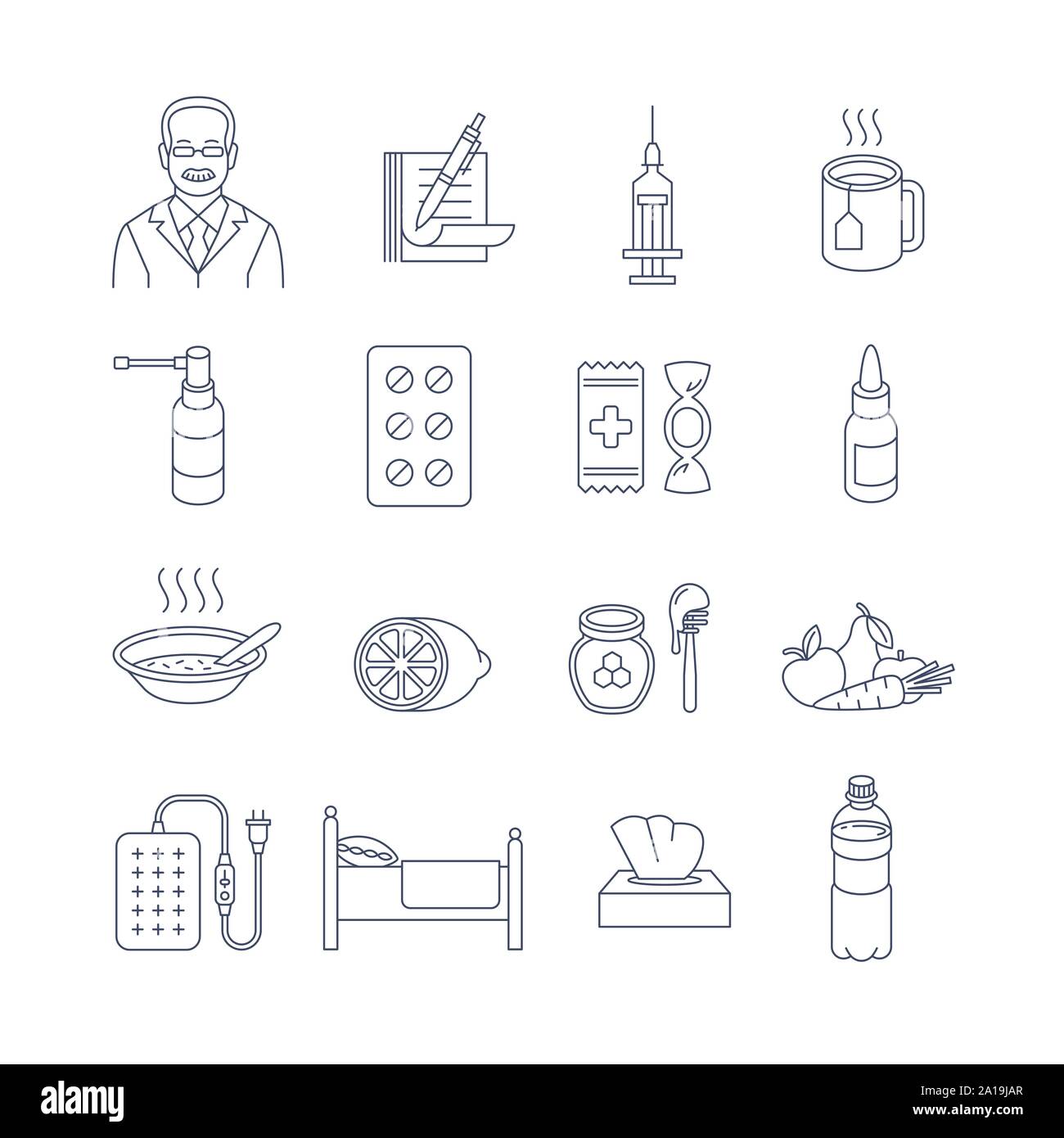 Cold and flu treatment outline icons. Flat thin line vector concepts ...