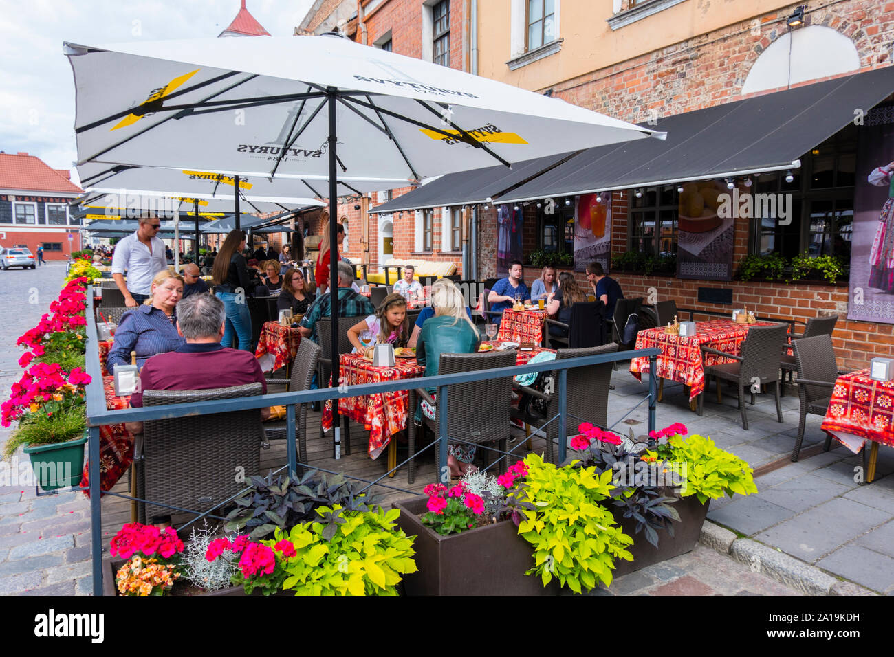 Restaurant terraces, Rotuses aikste, town hall square, old town, Kaunas ...