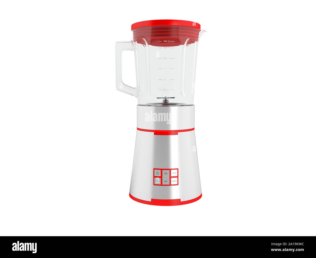 Modern metal blender bowl glass with red inserts in front 3d render on ...