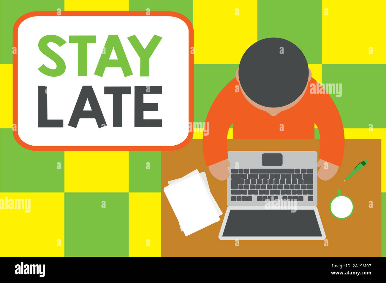 Conceptual hand writing showing Stay Late. Concept meaning A routine in ...