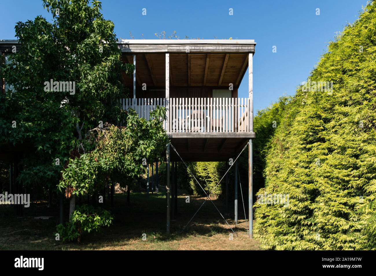 Modern wood cabin facade detail. Elevated house like a tree house Stock ...