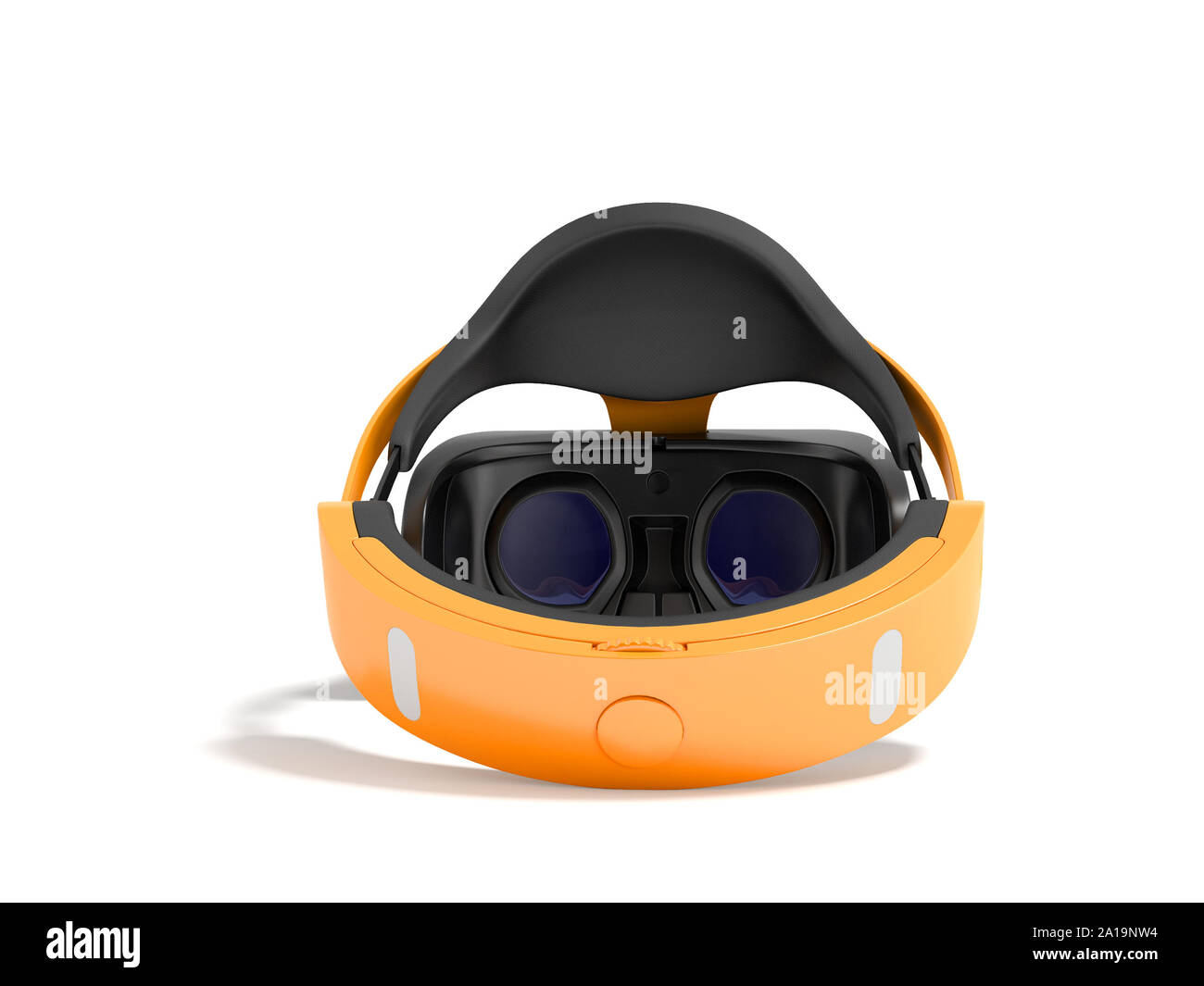Modern virtual reality glasses behind orange 3d rendering on white ...