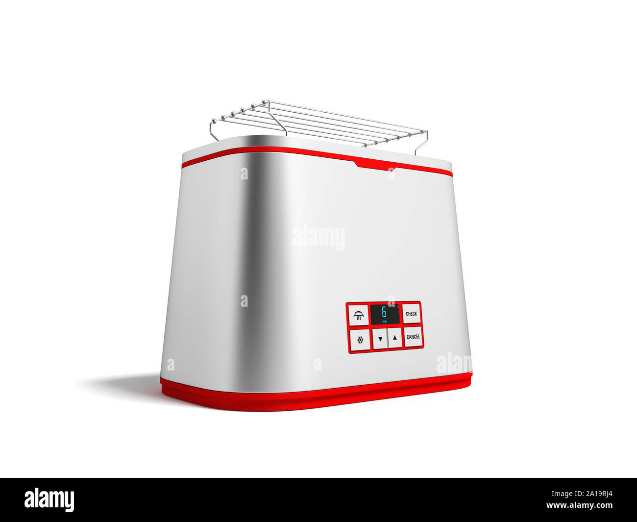 Modern metal toaster with red inserts empty front 3d rendering on white ...