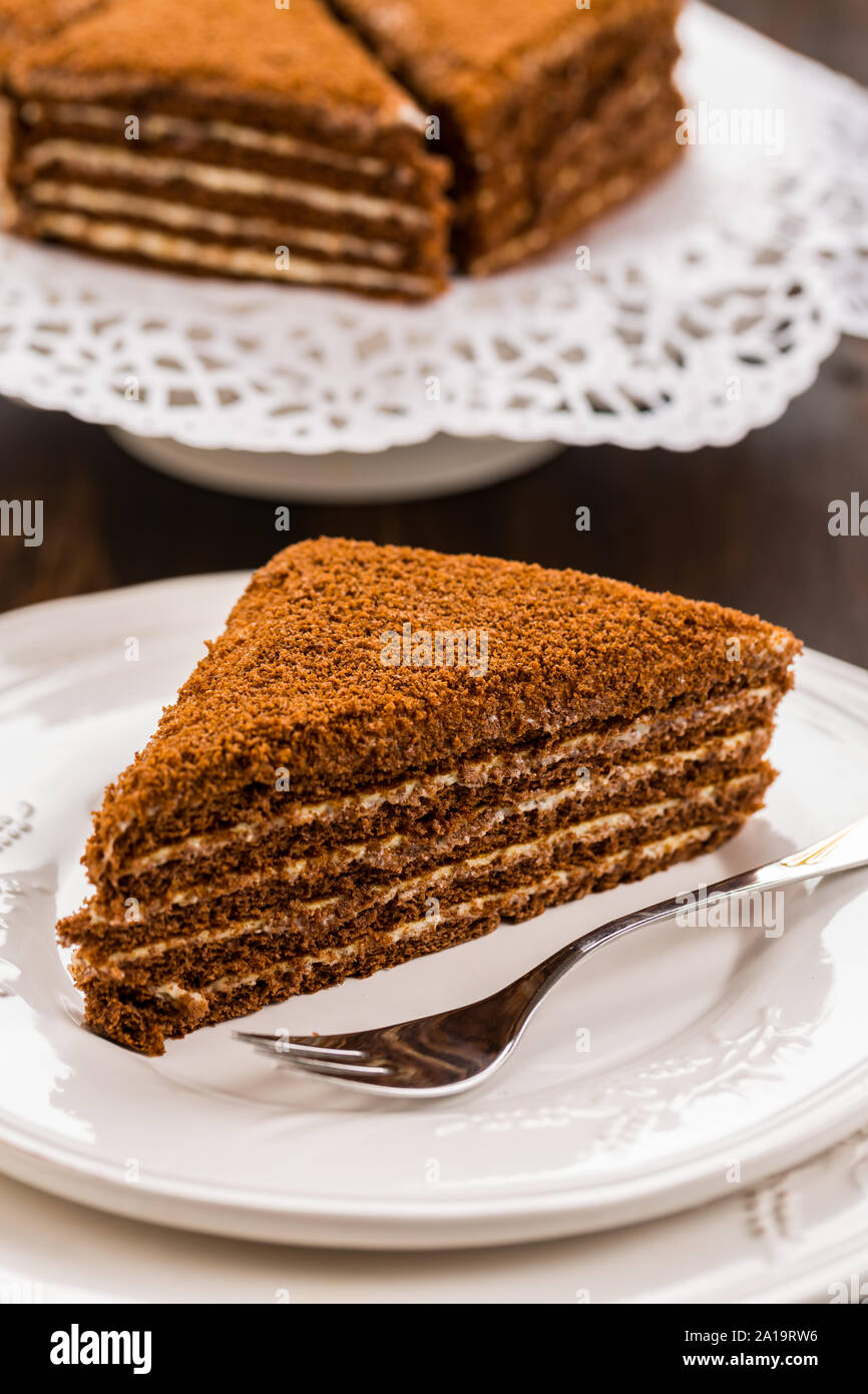 Traditional Russian chocolate and honey layer cake Stock Photo - Alamy