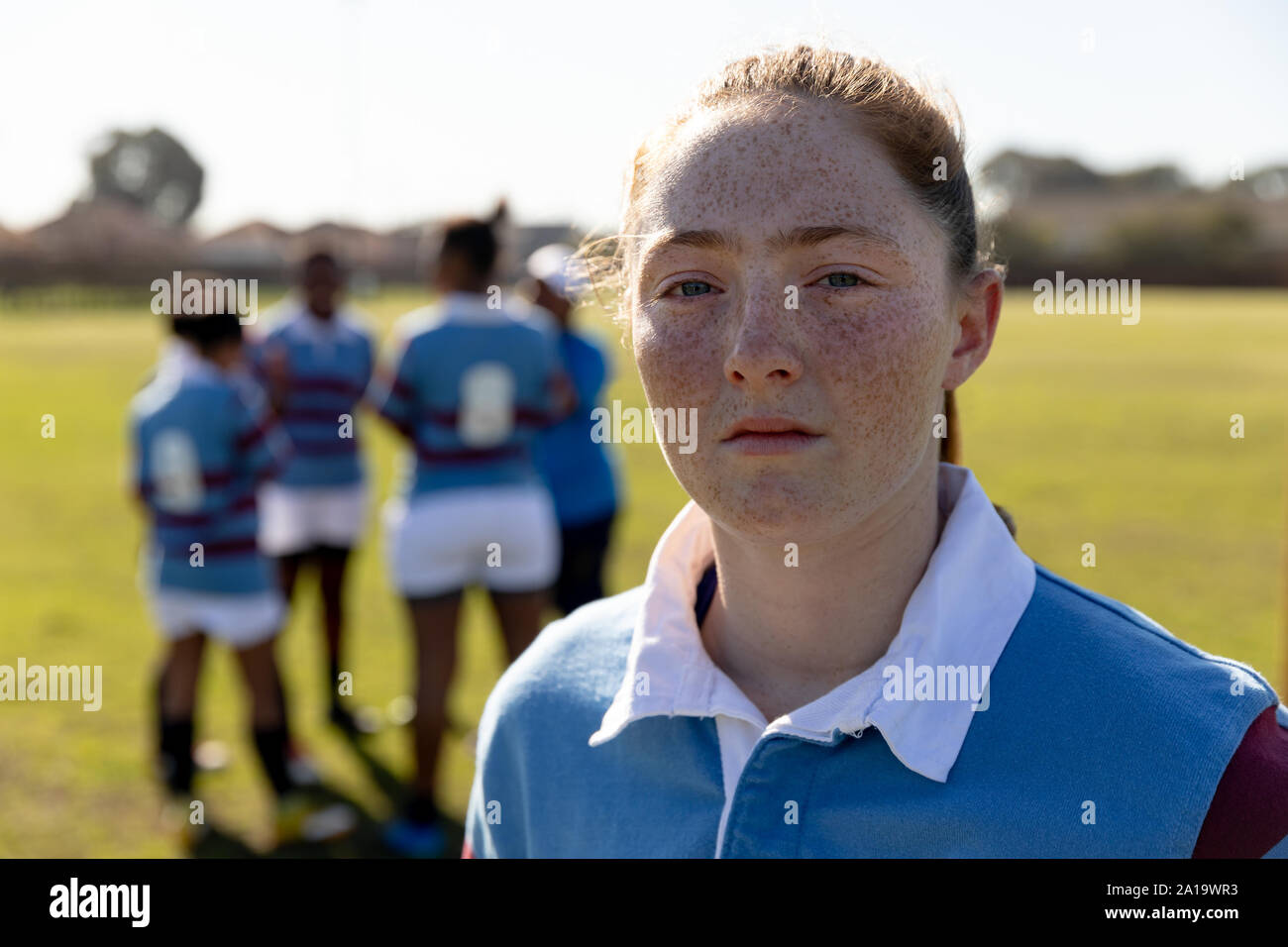 Portrait of young adult female rugby player on a rugby pitch Stock ...