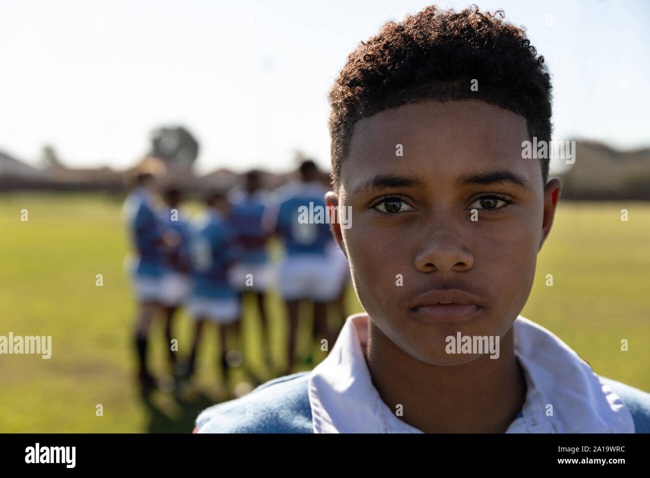 Portrait of young adult female rugby player on a rugby pitch Stock ...