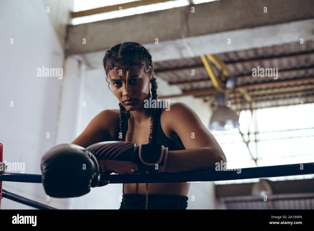 Female boxer with boxing gloves leaning on ropes and looking at camera ...