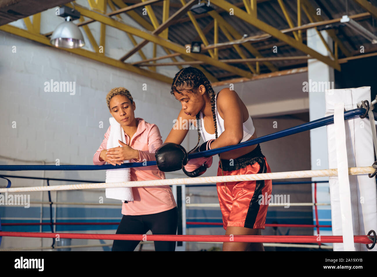 Trainer and female boxer interacting with each other in boxing ring ...