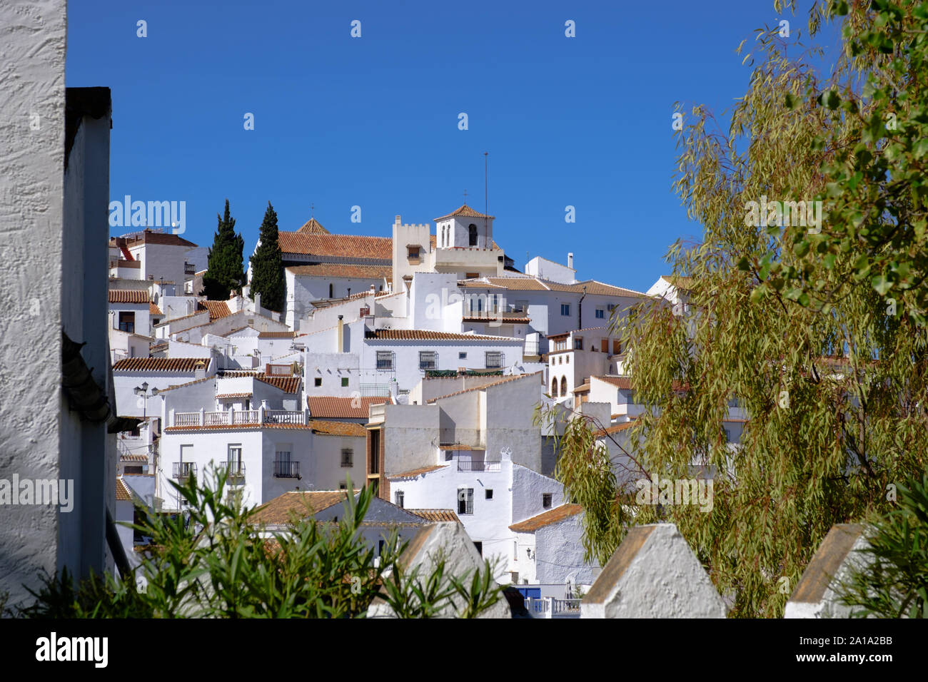 The Spanish mountain top white village of Comares in the Axarquia ...