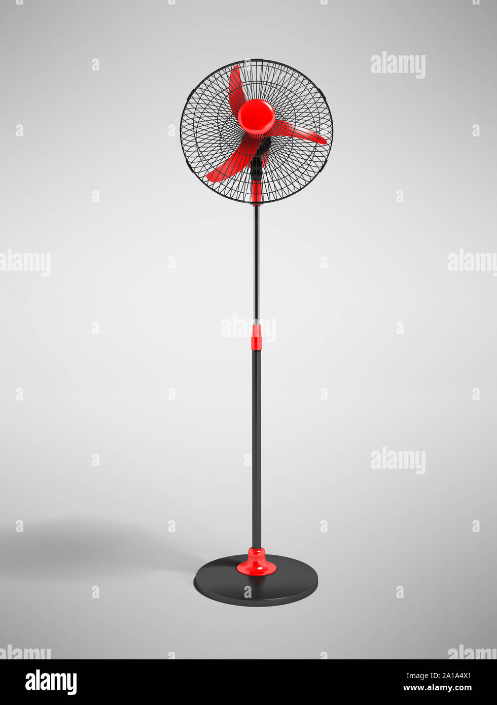 Modern fan on leg red in metal grid black 3d render on gray background ...