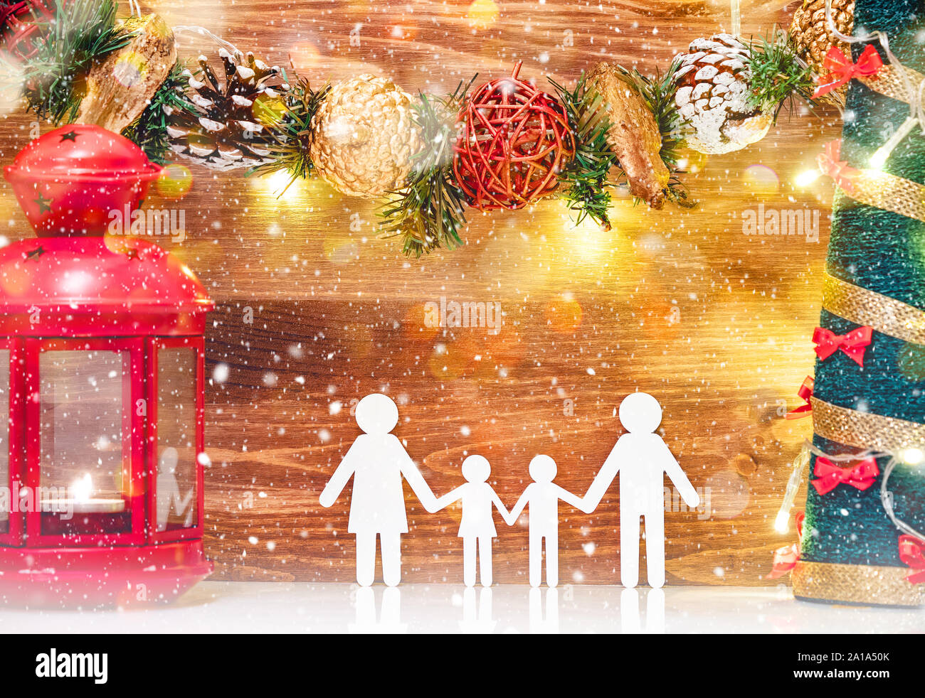 Christmas background with paper people and christmas decorations Stock ...