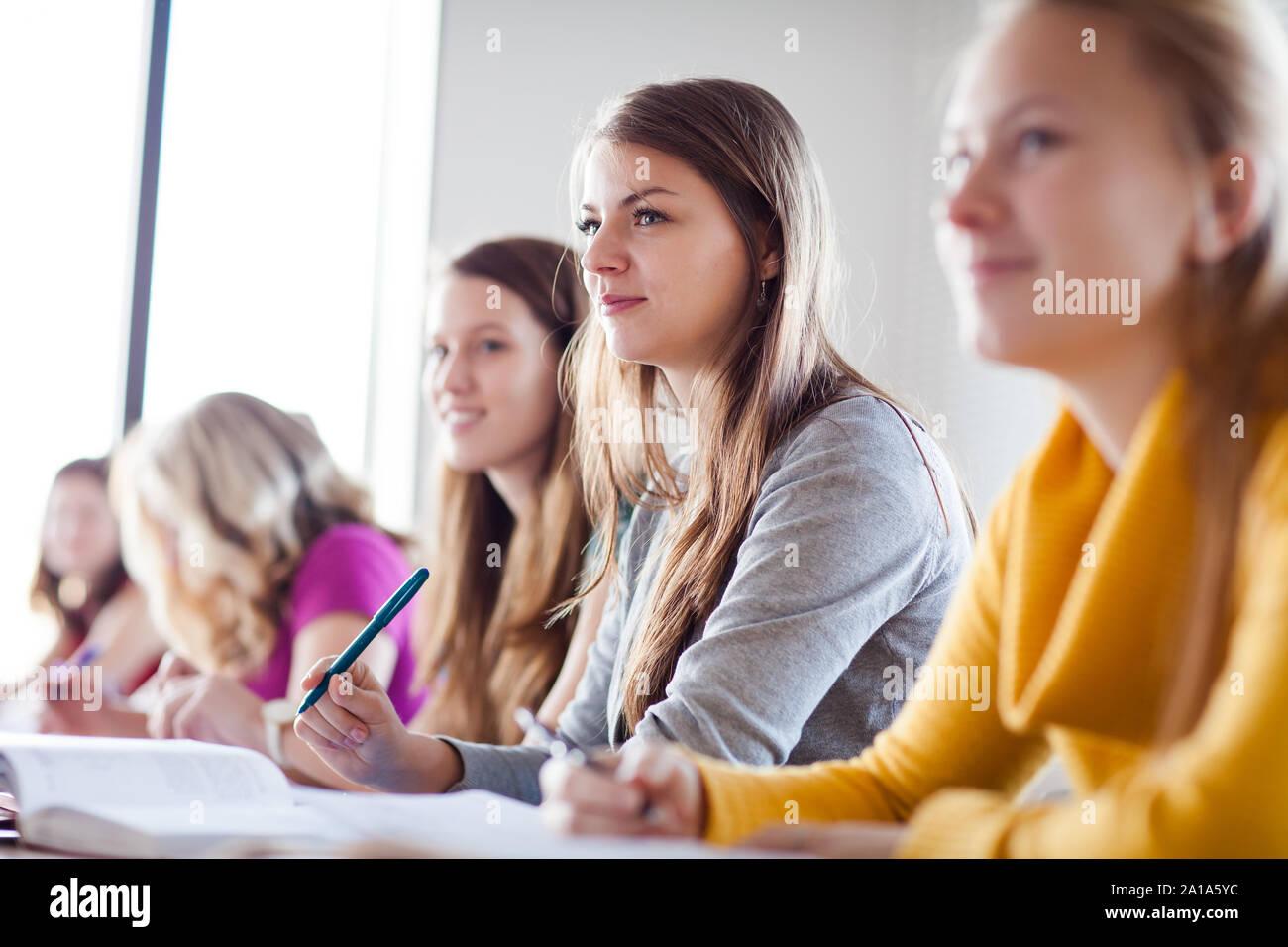 College students in classroom during class, paying attention to the ...