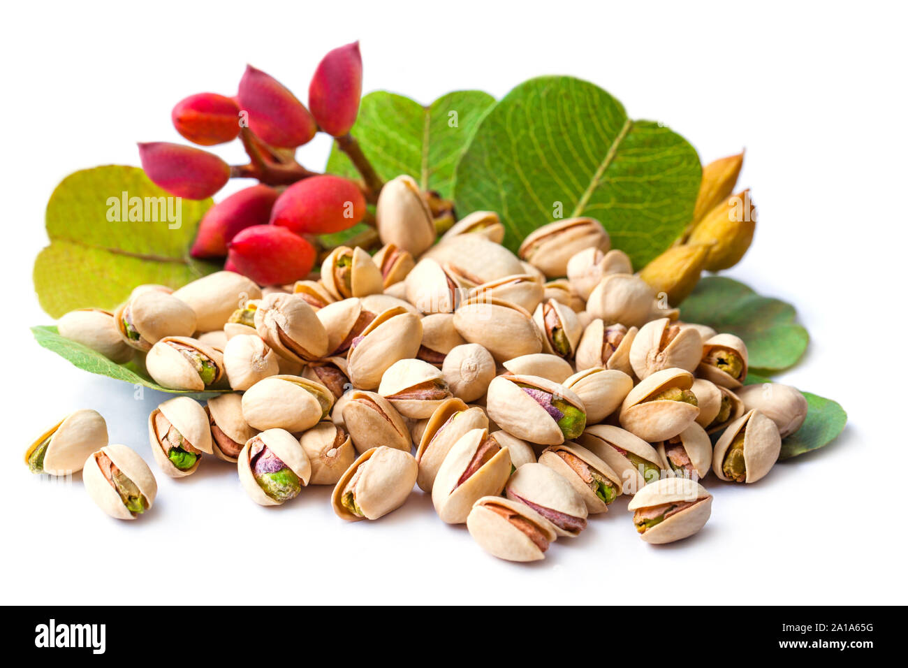 Raw Red pistachio nuts with green leaves on white background Stock ...