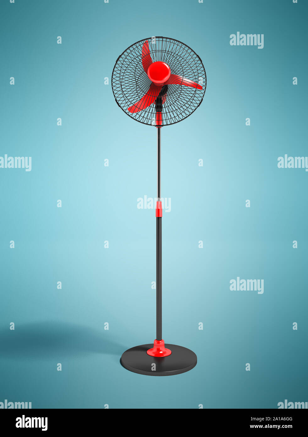 Modern fan on leg red in metal grid black 3d render on blue background ...