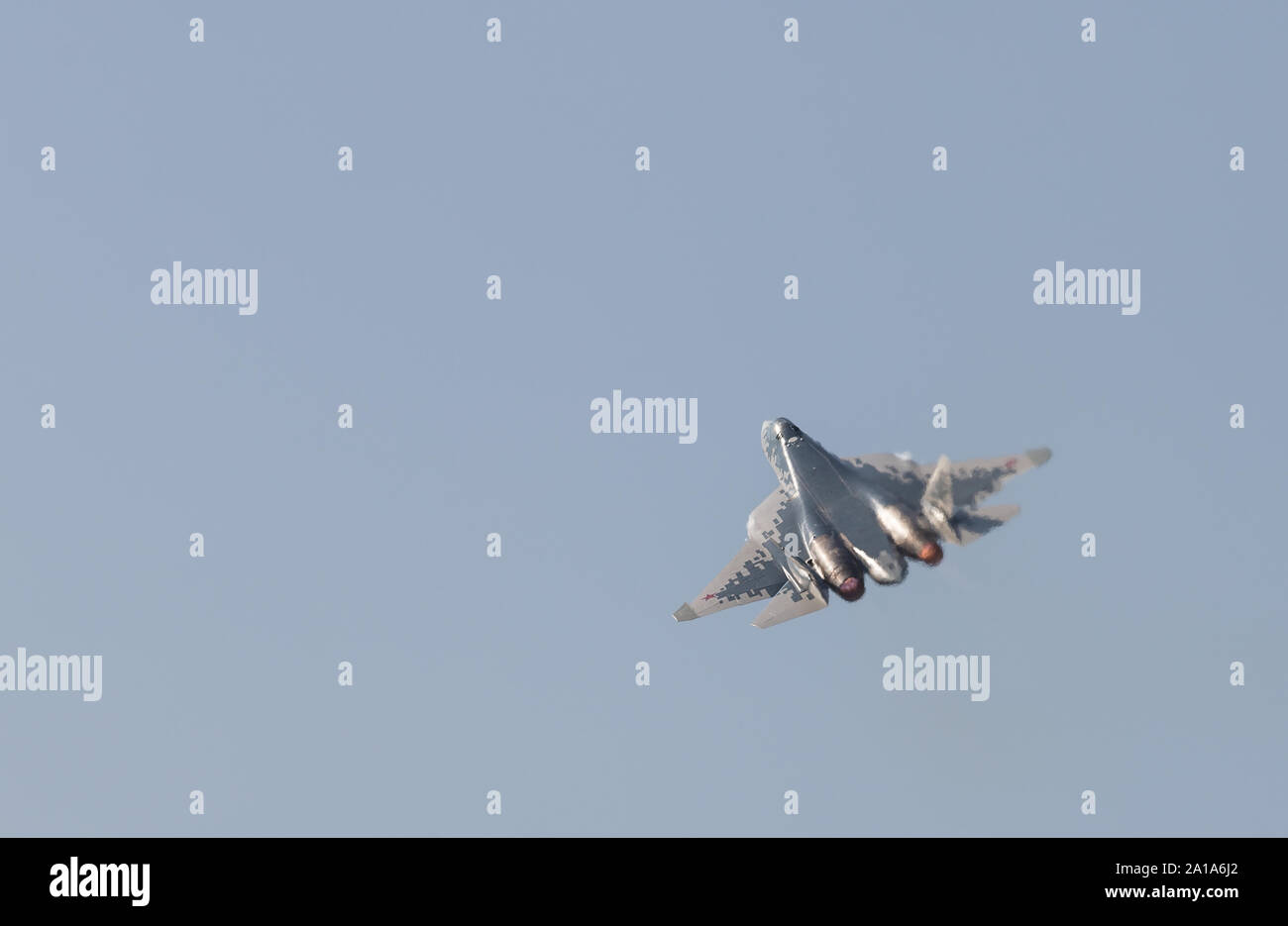 29 AUGUST 2019 MOSCOW, RUSSIA: A military fighter jet flying in the ...