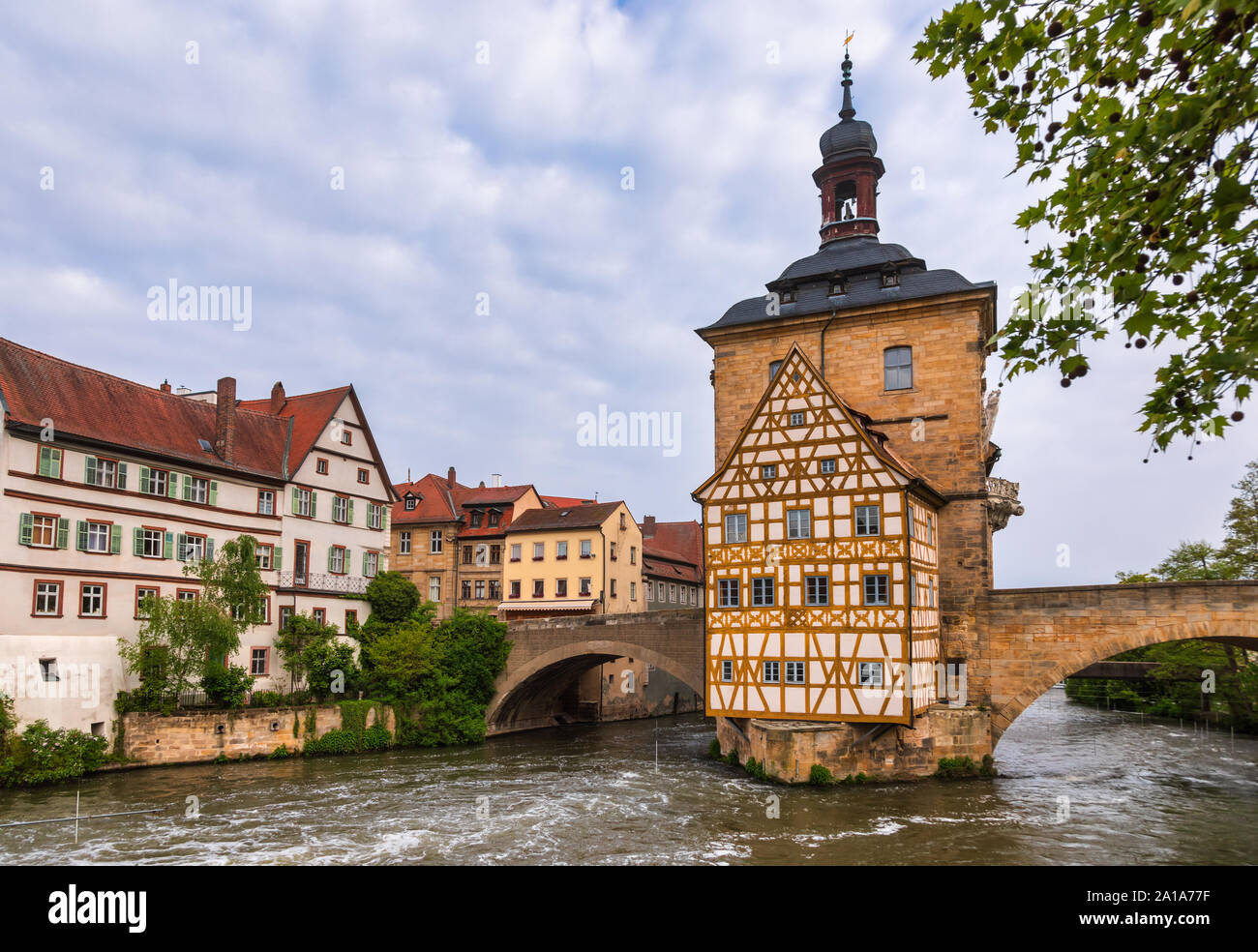 Bamberg cityscape with the medieval Altes Rathaus (Old Town Hall) and ...