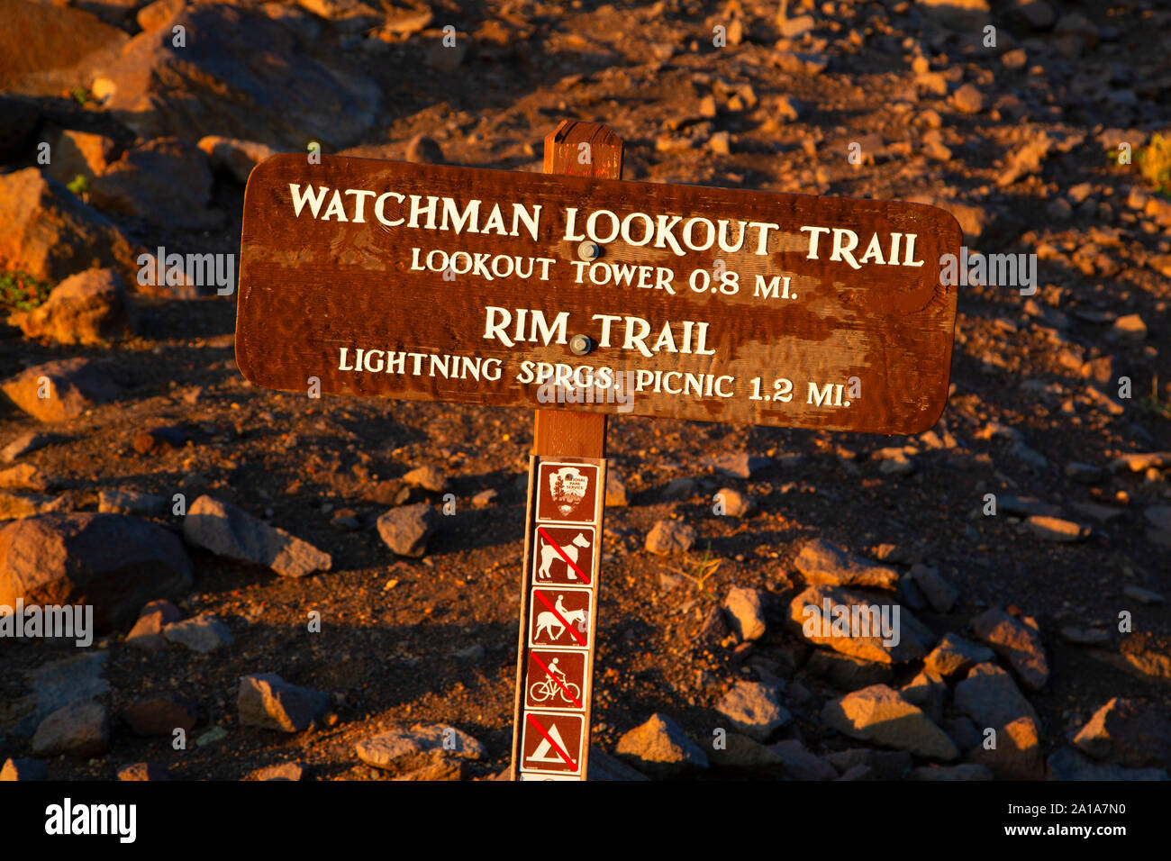 The Watchman Lookout Trail sign, Crater Lake National Park, Volcano ... The Watchman Lookout Trail sign, Crater Lake National Park, Volcano ...