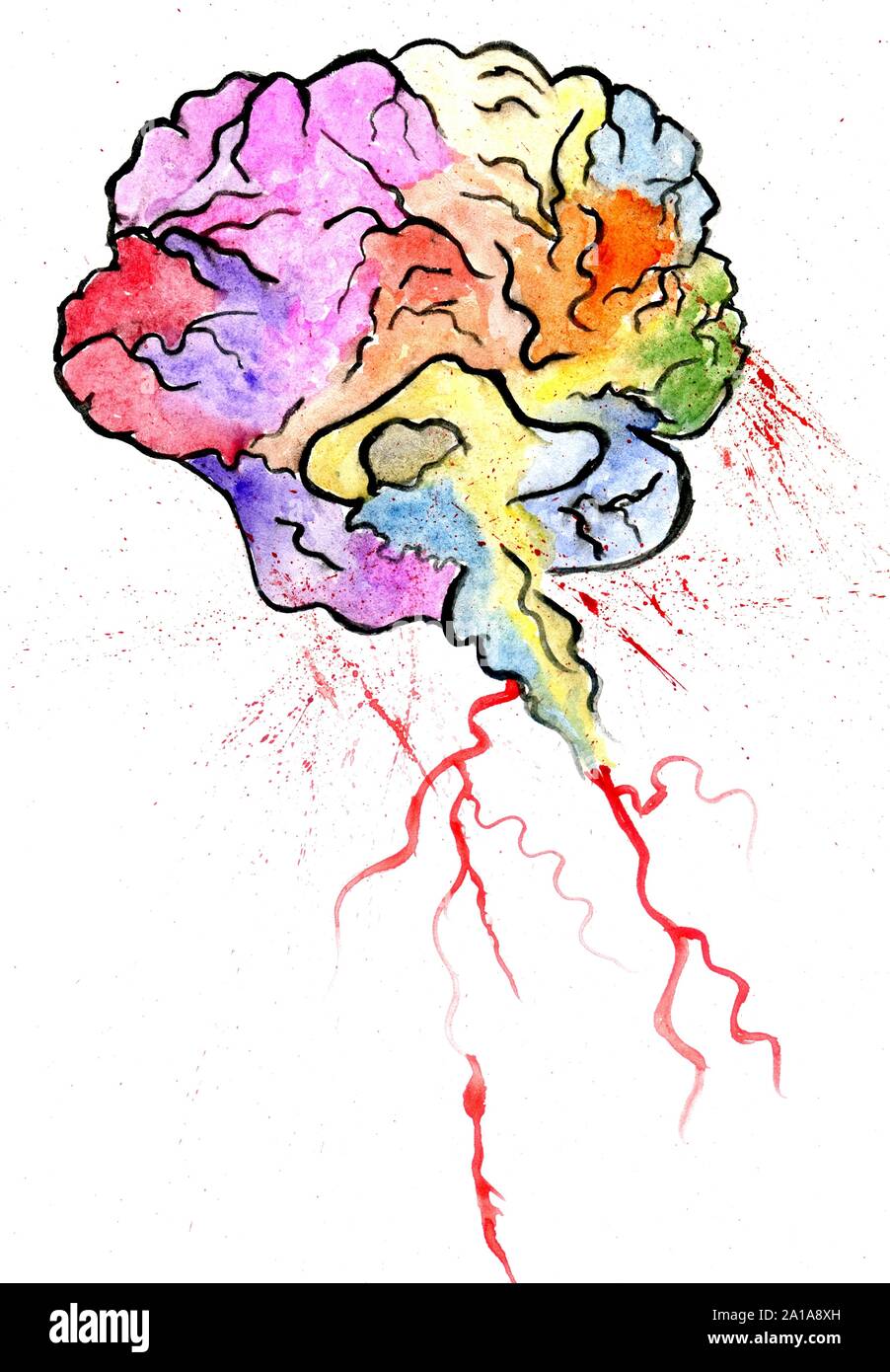 Hand drawn illustration of human brain painted in watercolors Stock ...