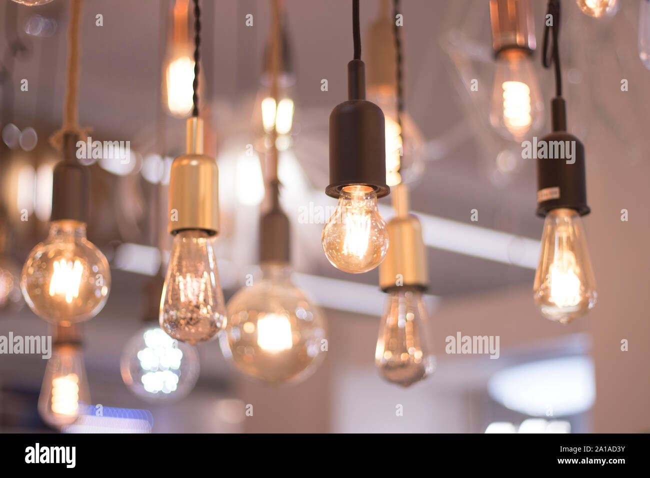 LED modern lights and bulbs on display in store lighting department ...