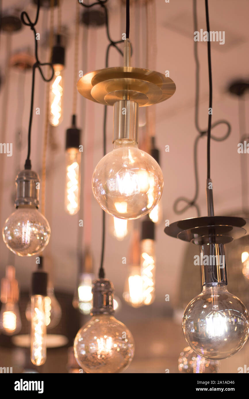 LED modern lights and bulbs on display in store lighting department ...