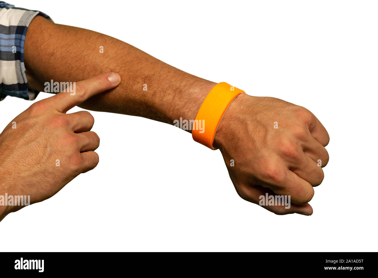 Man pointing to his arm Stock Photo - Alamy