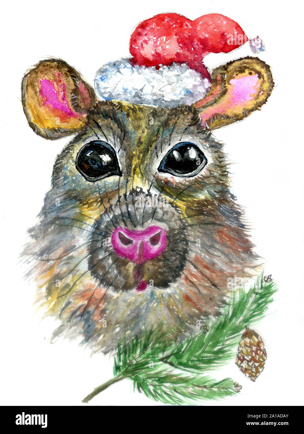 Watercolor cute cartoon rat or mouse design in santa hat, hand drawn ...